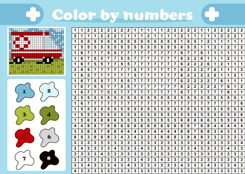 Color by Number Pixel Art Game for Kids with Ambulance Car Stock Vector ...