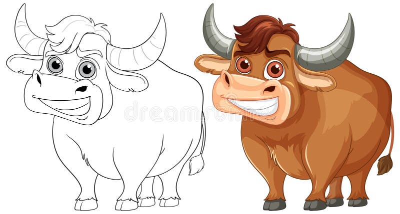 Color and Outline a Happy Bull Stock Vector - Illustration of friendly ...