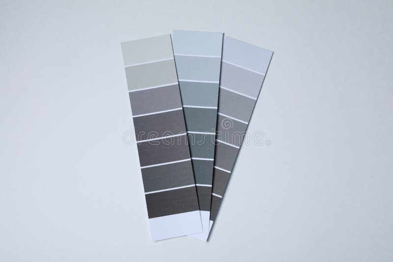 Color Paint Chips of Grey Shades on Light Background, Top View Stock ...