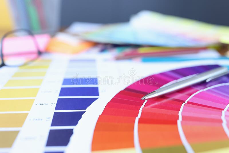 Color Palette with Different Colors is on Table Stock Photo - Image of ...