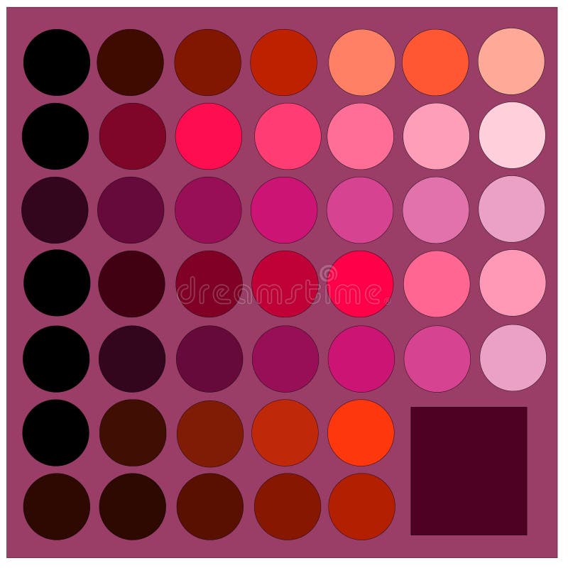 Color Palette Grid: 36 Circle Swatches and 1 Square on Pink Background ...