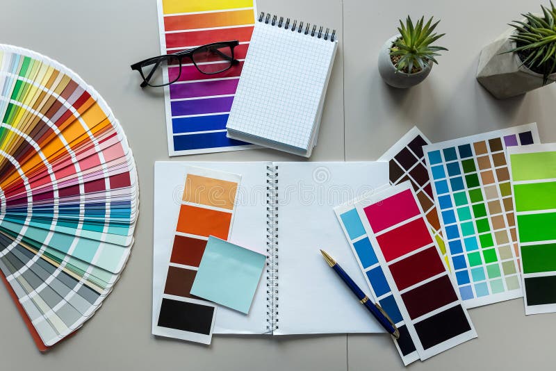 Color Palette Guide for Printing with Brushes, Blank Notepad at Office ...