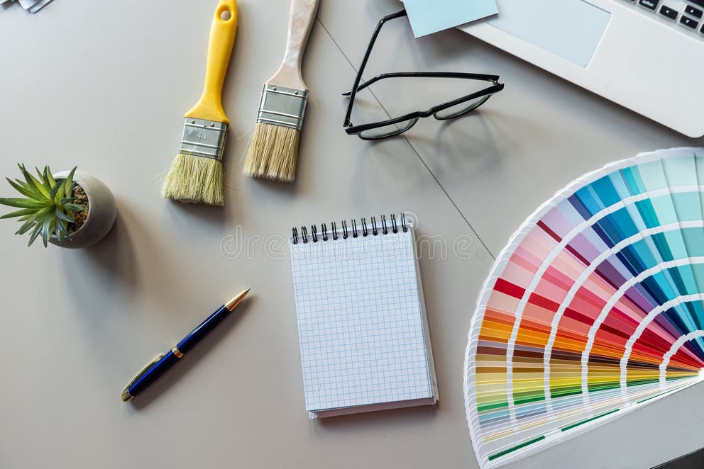 Color Palette Guide for Printing with Brushes, Blank Notepad at Office ...