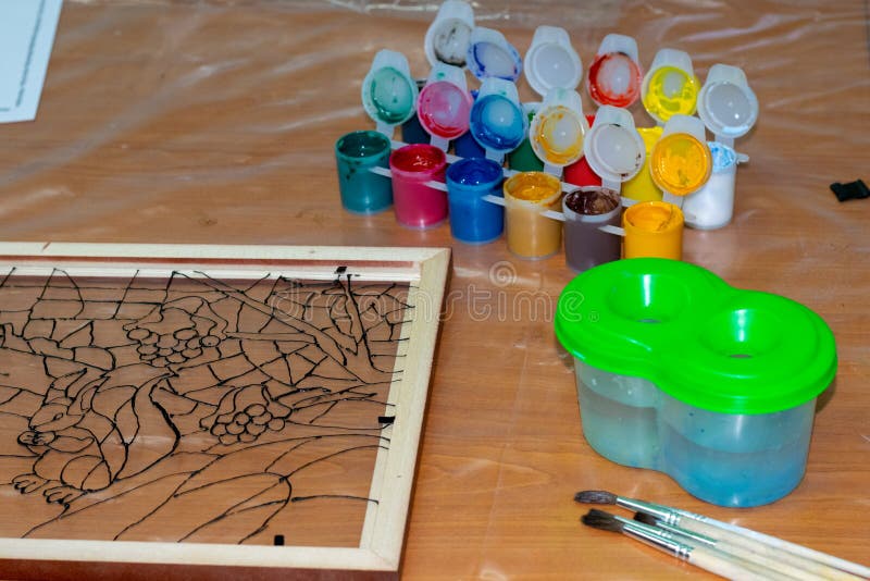 Color Palette Paints on the Work Table of a Painter Stock Image - Image ...