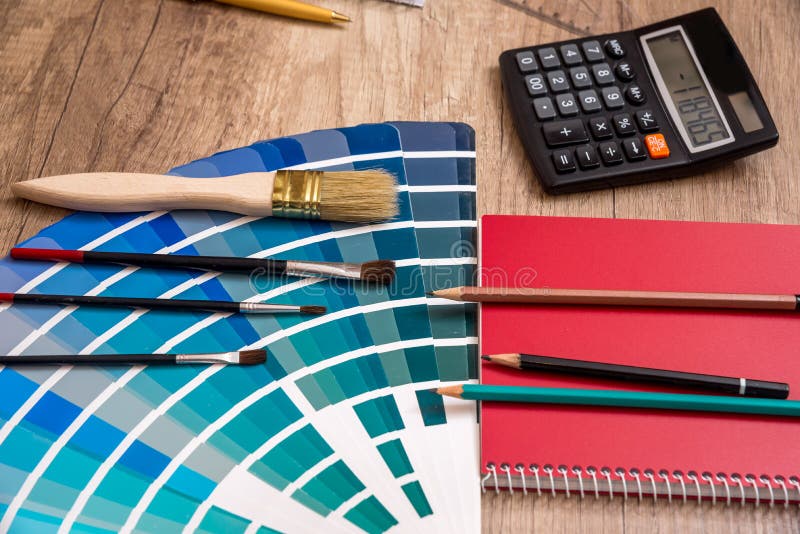 Color Palette, Pencil, Calculator and Notepad on Stock Photo - Image of ...