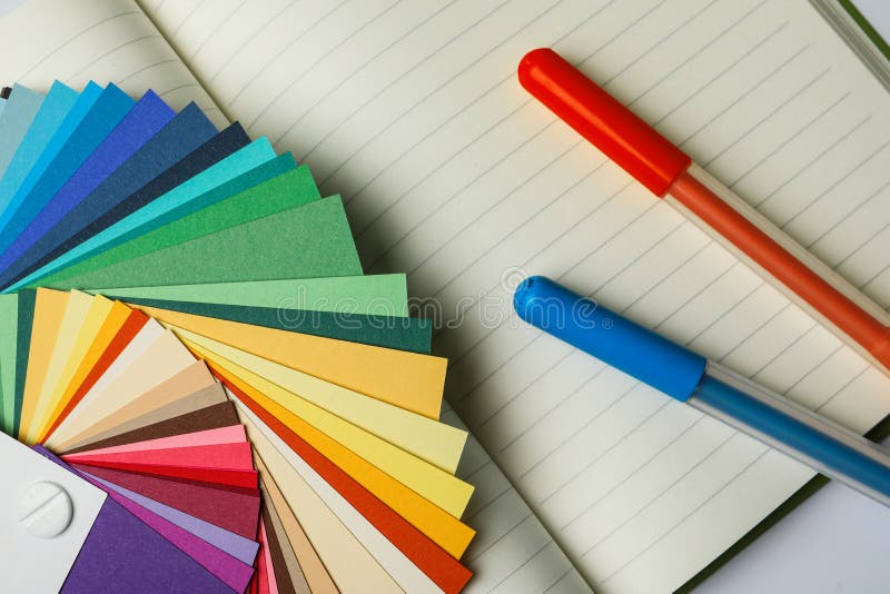 Color Palette and Pens on Notebook Stock Image - Image of detail ...