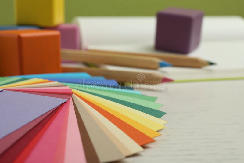 Color Palette on White Wooden Table, Closeup Stock Image - Image of ...