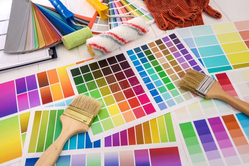 Color Palettes with Painting Tools Top View Stock Photo - Image of ...