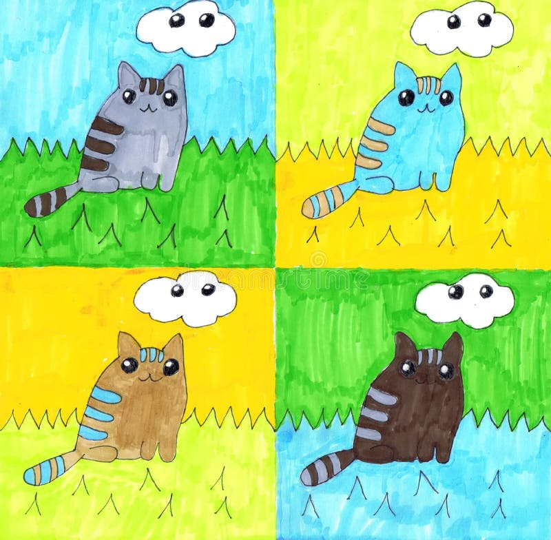 Color Panel "Four Cats." Children S Drawing in the Manner of Andy ...