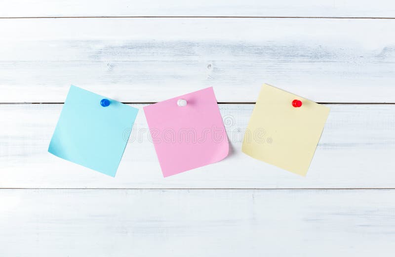 Color Paper Note with Pin on Old Wood Background Stock Image - Image of ...