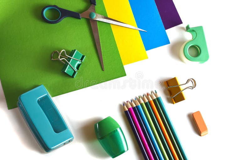 Color Paper, Scissors, Pencils, Sharpener, Puncher Stock Photo - Image ...