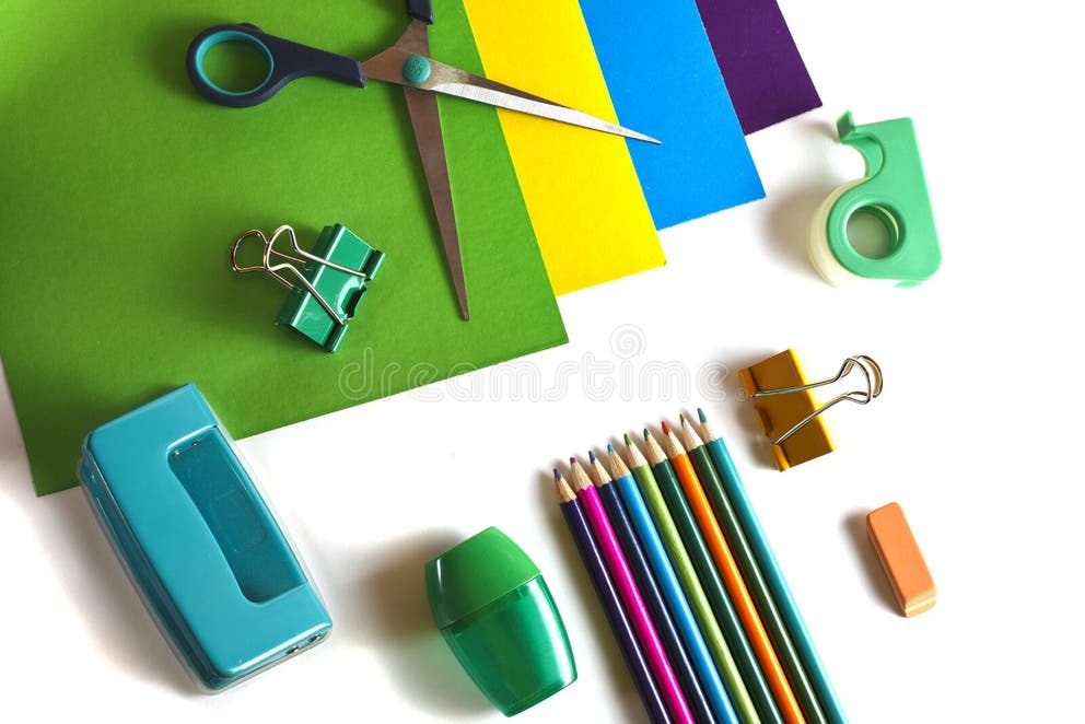 Color Paper, Scissors, Pencils, Sharpener, Puncher Stock Photo - Image ...