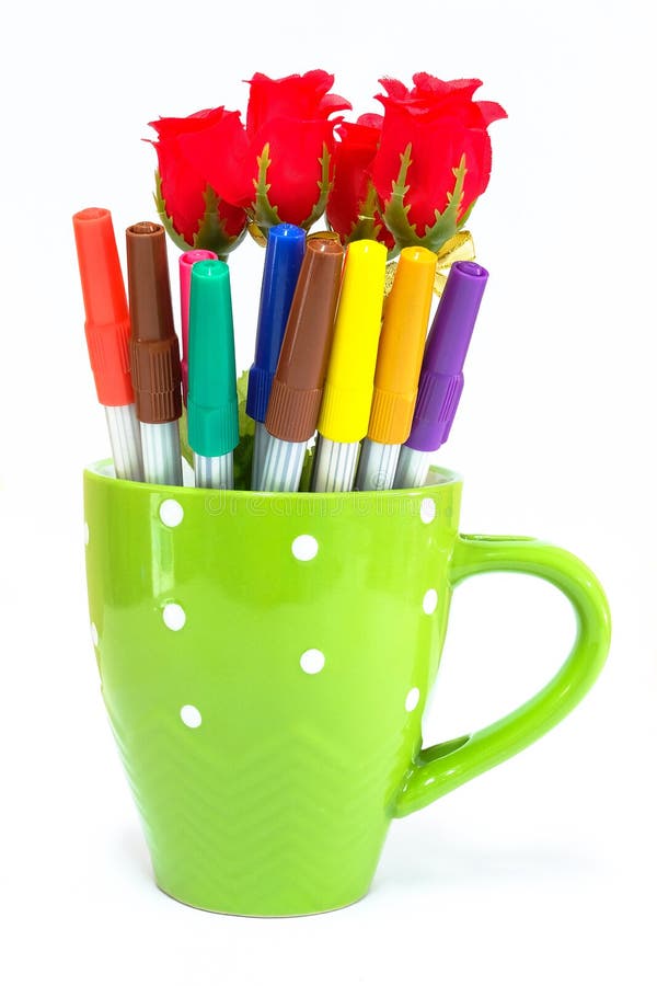 Color pen and rose in cup stock photo. Image of business - 49978782