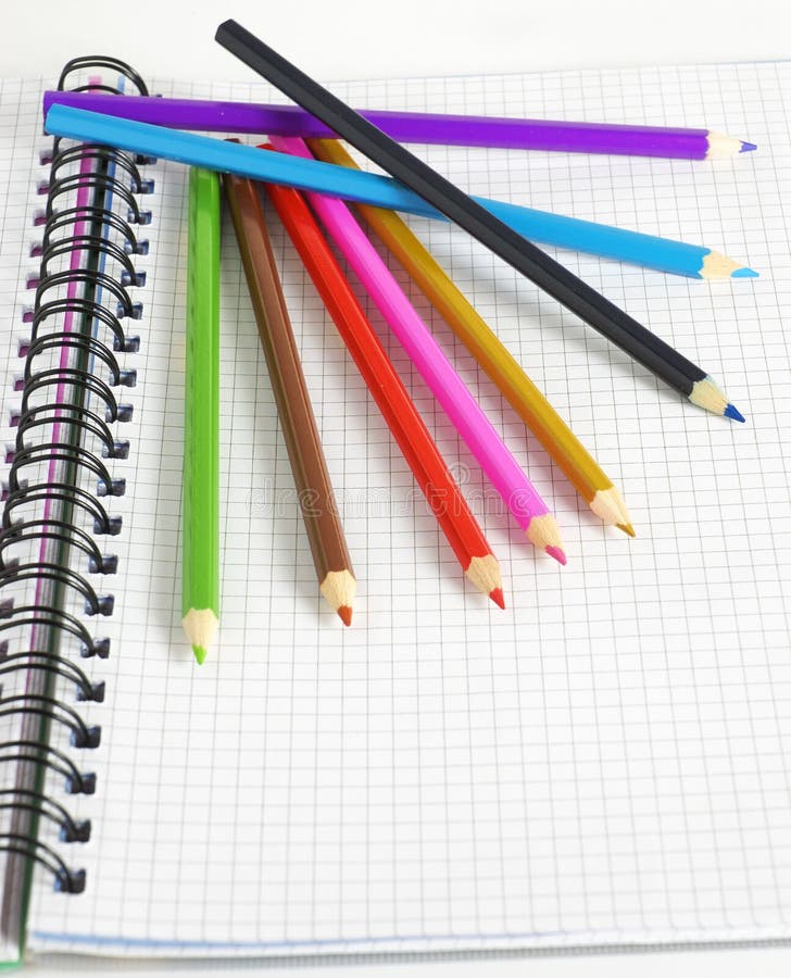 Set of Color Pencils and School Writing-book Stock Image - Image of ...