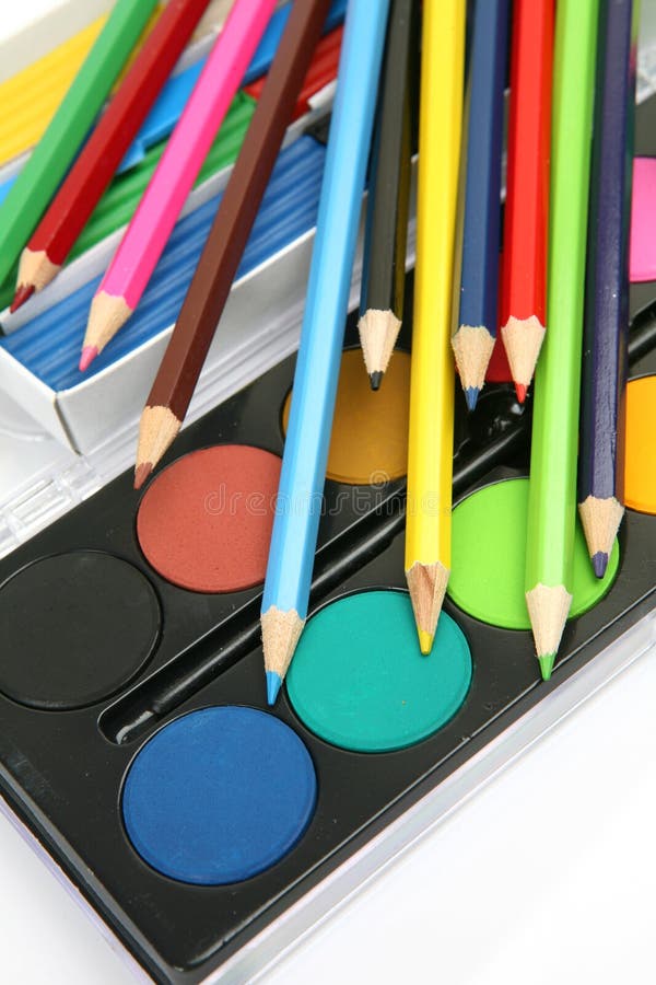 Color pencils and paints stock photo. Image of accessories - 19854326