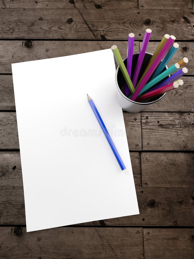 Color Pencils with Paper on Wooden Table Stock Illustration ...