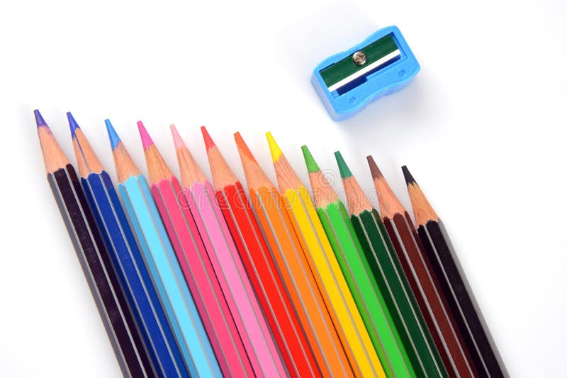 Color Pencils with Sharpener on White Background Stock Image - Image of ...