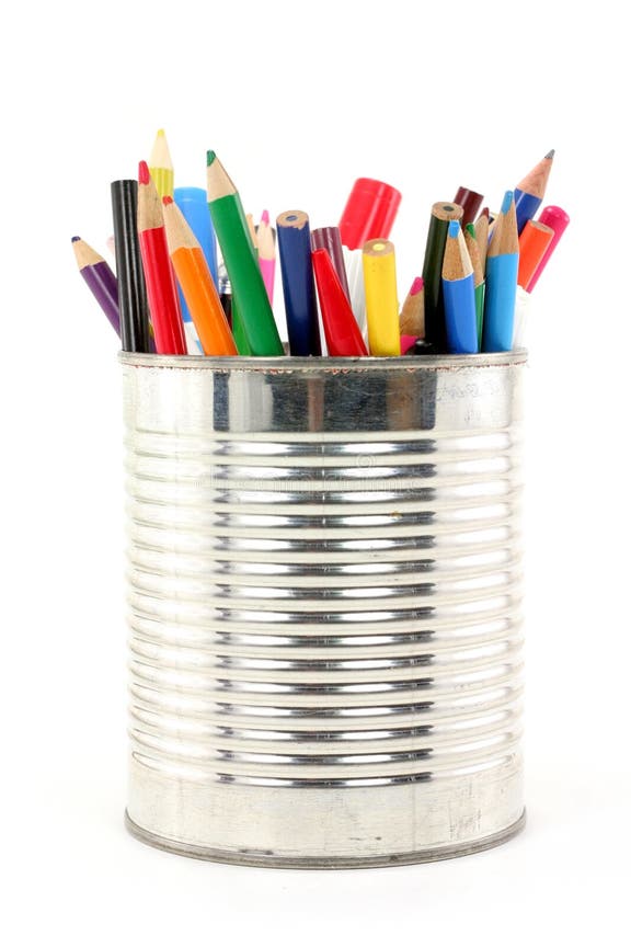 Color pencils in tin stock image. Image of round, kids - 1346415