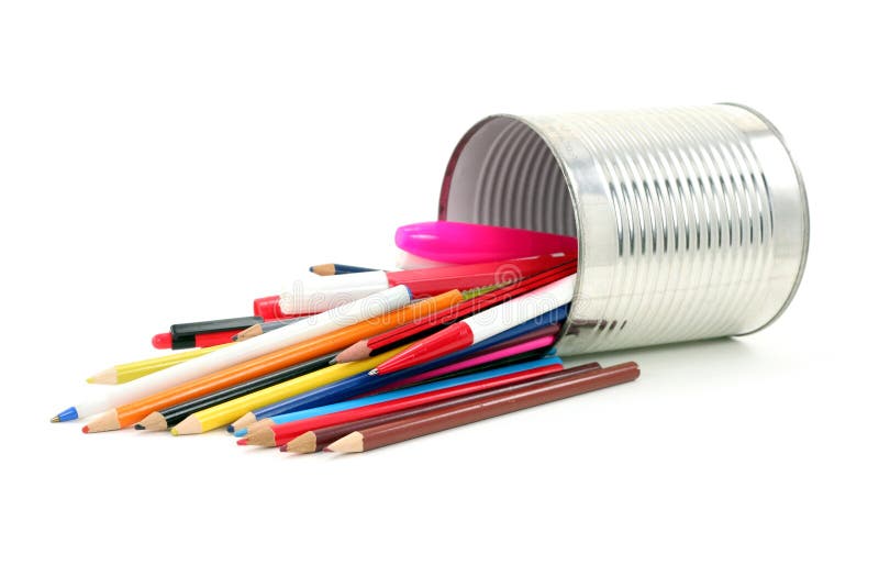 Color pencils in tin stock image. Image of graphics, business - 1346419