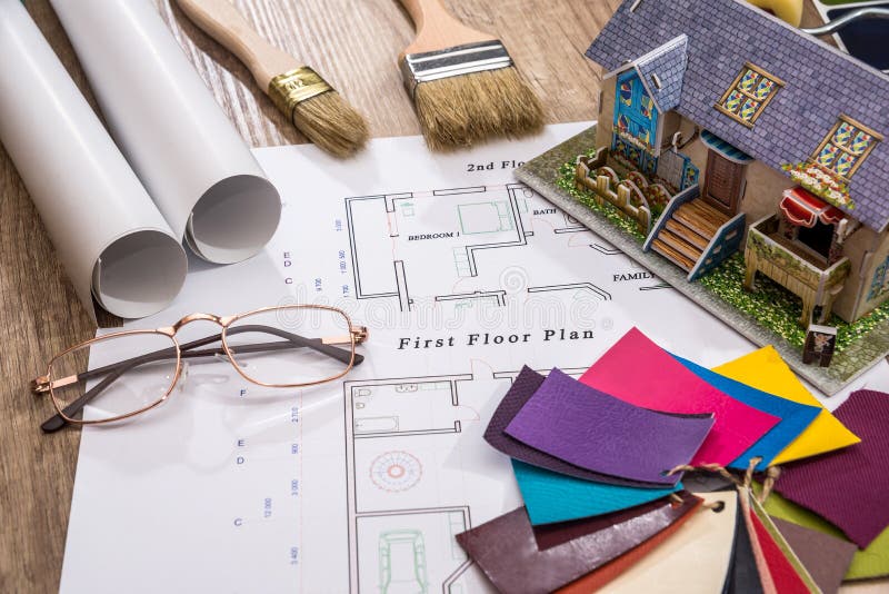 Color Sampler with House Plan and Drawing Tools Stock Image - Image of ...