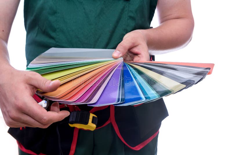 Color Sampler in Male Hands Isolated on White Stock Image - Image of ...