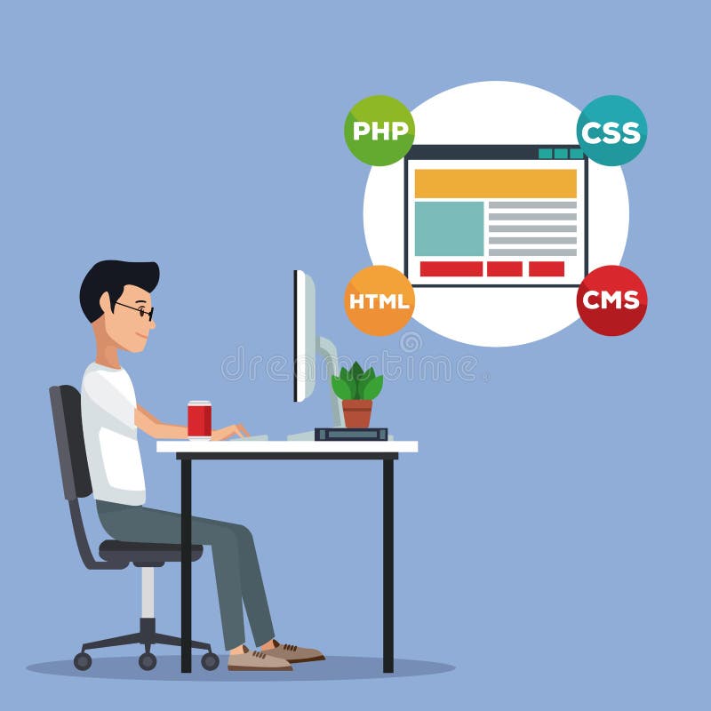 Color Scene Background Side View Web Developer Man in Desk Programming ...
