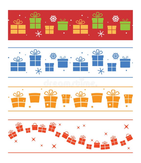 Color Seamless Borders with Gift Boxes for Christmas. Vector Set ...