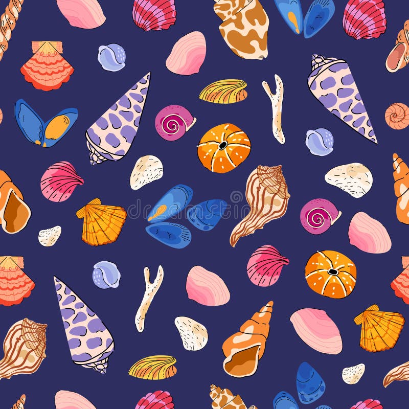 Color Seashell Seamless Pattern Vector. Ocean Reef Underwater Creature ...