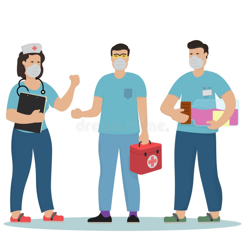 Color Set with Three Masked Team of Medics Stock Vector - Illustration ...
