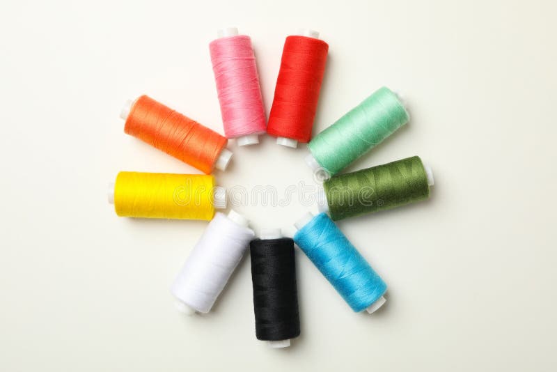 Color Sewing Threads on White Background, Top View Stock Image - Image ...