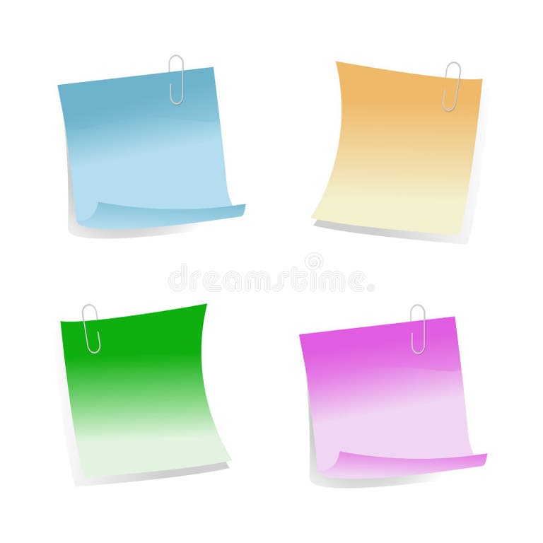 Color Sheets of Note Papers and Color Paper Clips. Isolated on a White ...