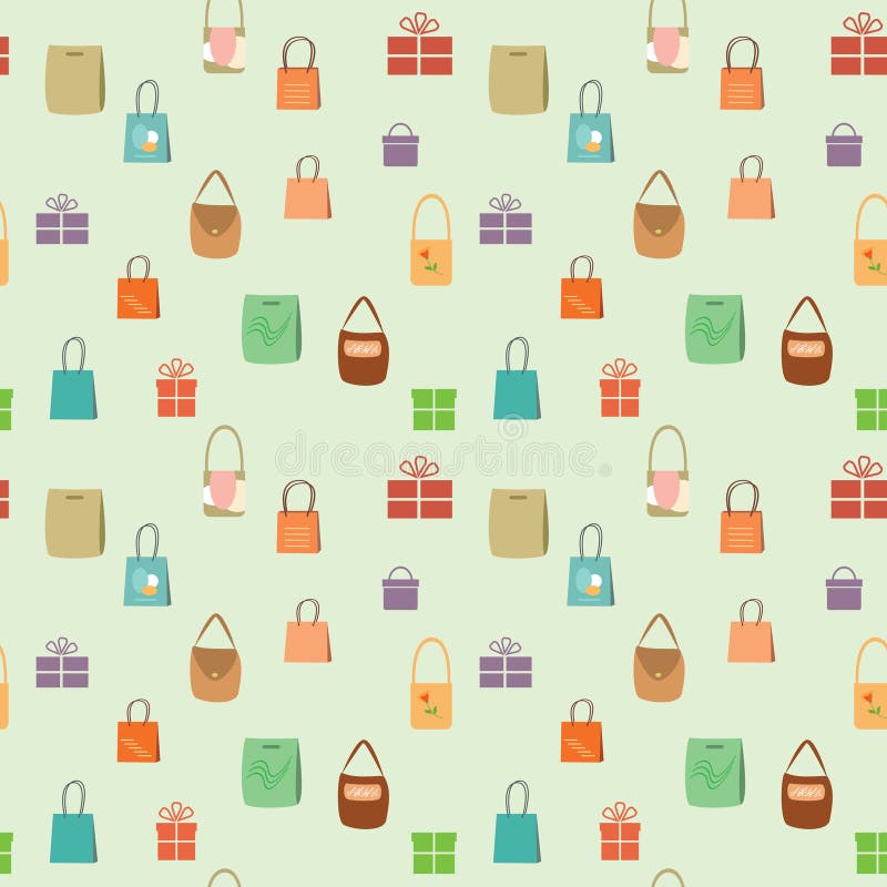 Color Shopping Bags on Light Green Background - Vector Seamless Pattern ...