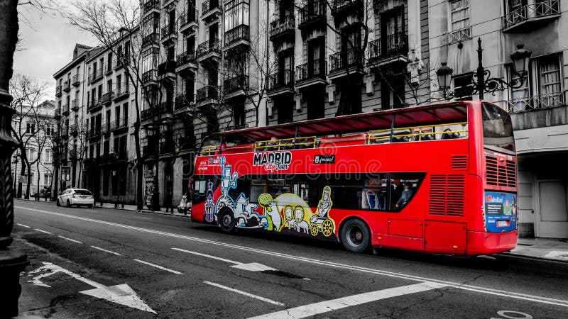 Color Splash of a Red Madrid Bus in Black and White City Editorial ...