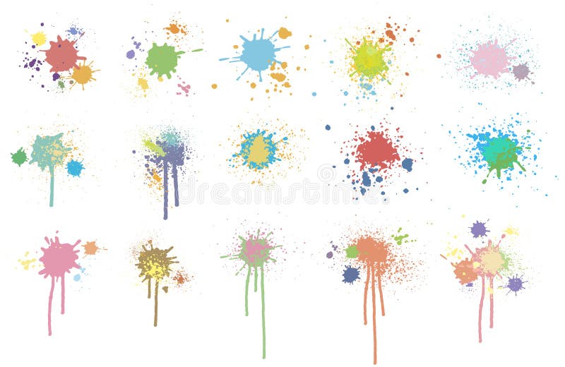 Color Splashes of Ink Paint with Drips and Drops, Set. Vector ...