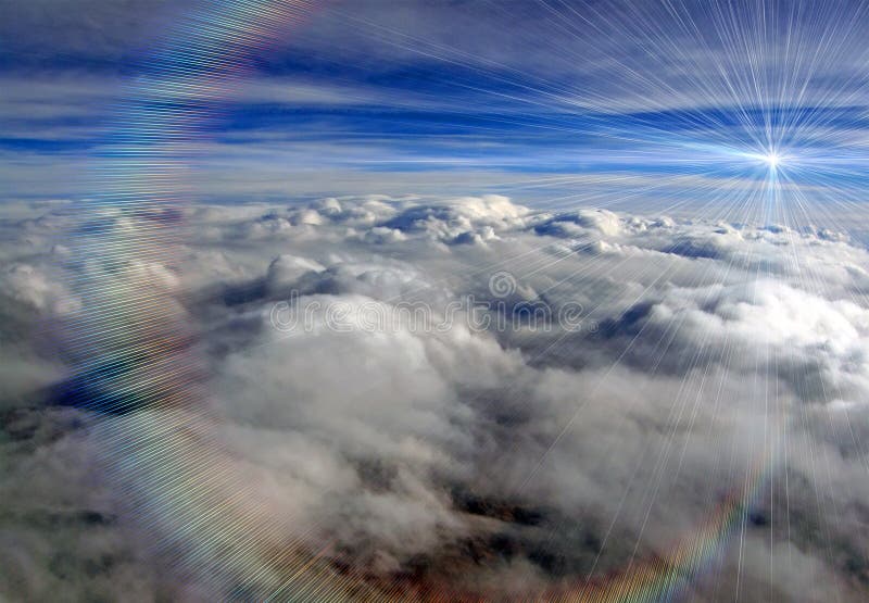 Color Sun Rays on Azure Blue Sky, Cumulus Clouds, Ufo Flash Stock Photo ...