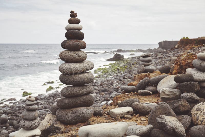 Color Toned Picture of a Stone Stack on a Beach Stock Photo - Image of ...