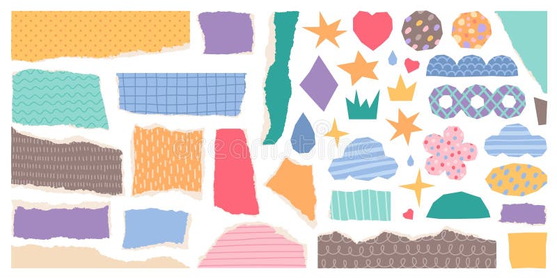 Color Torn Paper. Cut Pieces with Uneven Edges and Patterns, Patchwork ...