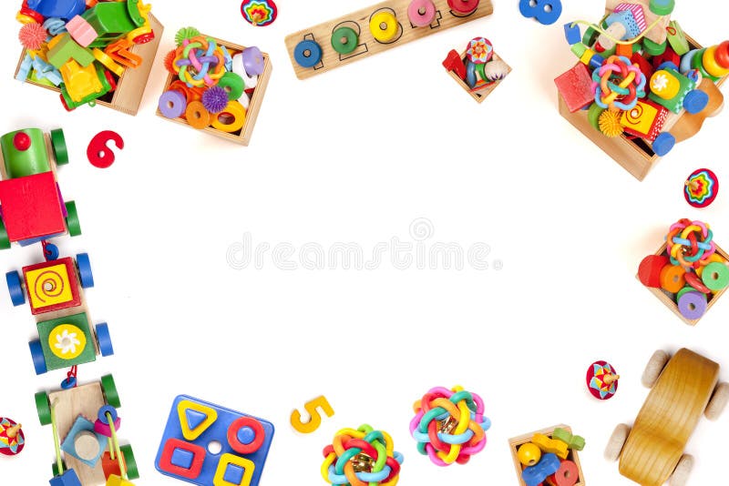 Colorful Kids Toys Border. Plastic Toy Tools, Bolts and Nuts on White ...