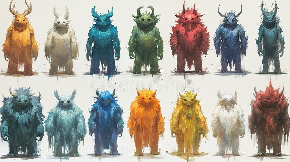 Color Variations of Fluffy Monsters, Diverse Designs Stock Illustration - Illustration of ...