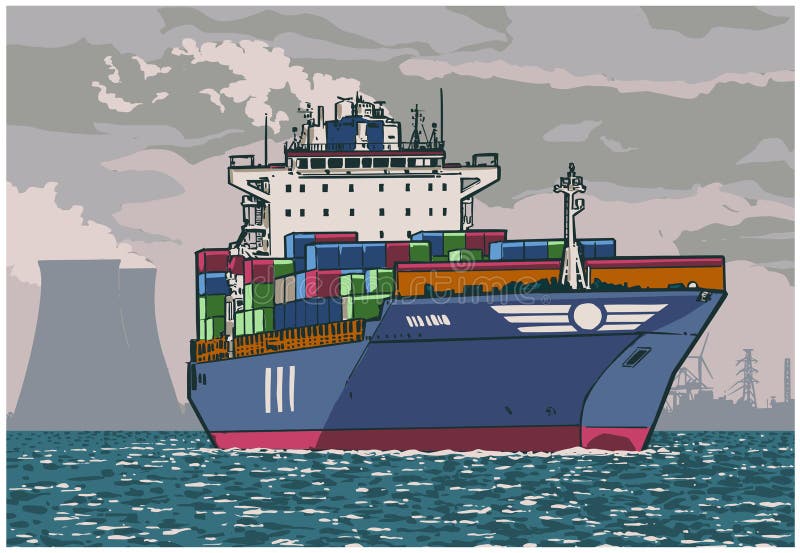 Color Vector Illustration of Full Commercial Container Ship from Three ...