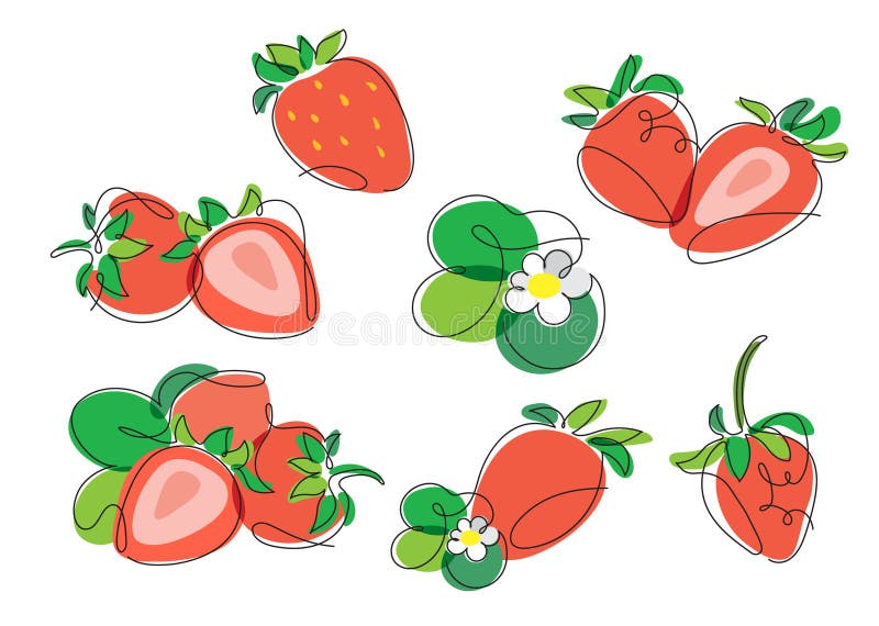 Color Vector Set of Stylized Strawberries in One Line Technique Stock ...