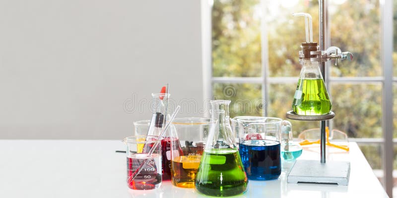 Color Water in Test Tube and Beaker.Copy Space on White Science Stock ...