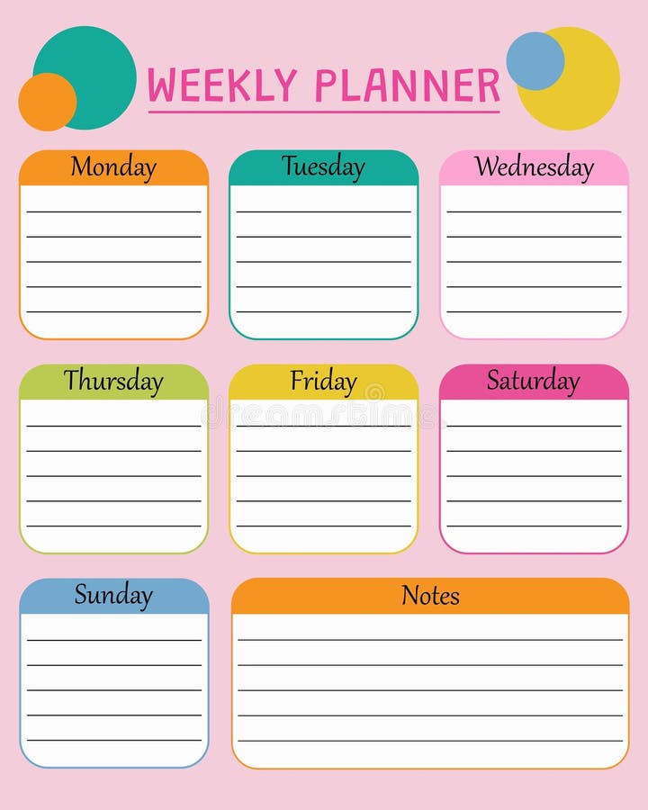 Color Weekly Planner. Vector Illustration. Stock Vector - Illustration ...