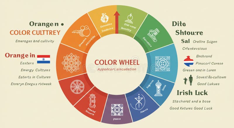 Color Wheel Diagram with Various Text Elements and Symbols Encircling a ...