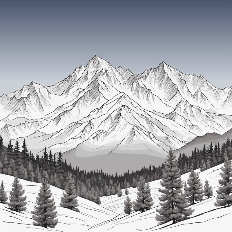 Winter Colorado Mountain Landscape Vector Illustration, Grayscale ...