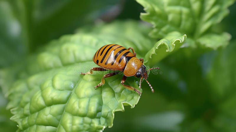 Colorado Potato Beetle Eats Green Potato Leaves Closeup. Generative Ai ...