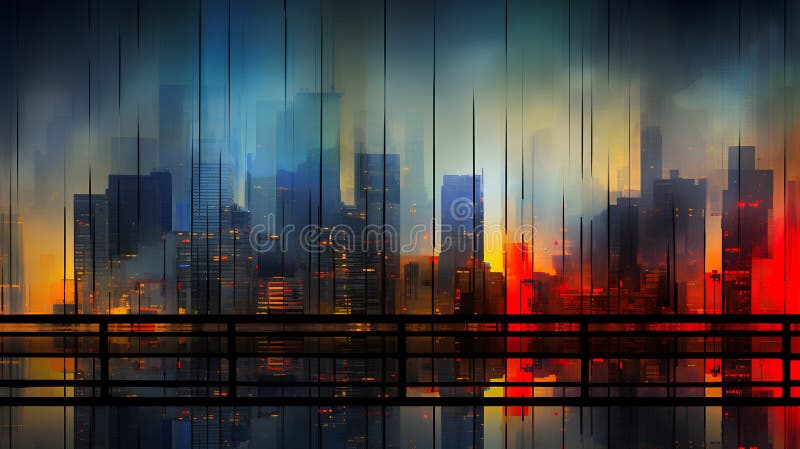 Colored Abstract City Skyline with Reflection - Modern Digital Painting ...