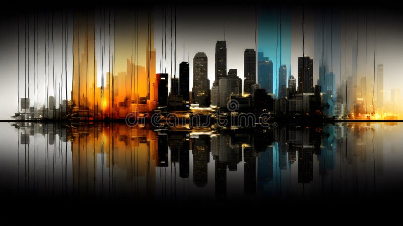 Colored Abstract City Skyline with Reflection - Modern Digital Painting ...