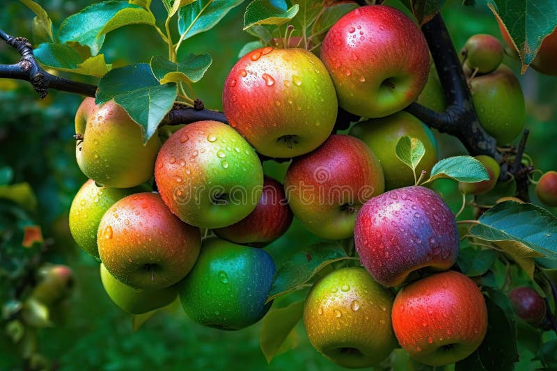 Colored apples on a tree. stock illustration. Illustration of garden ...