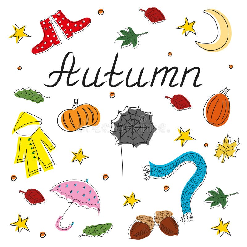 Colored Autumn Collection Doodle Stock Illustration - Illustration of ...